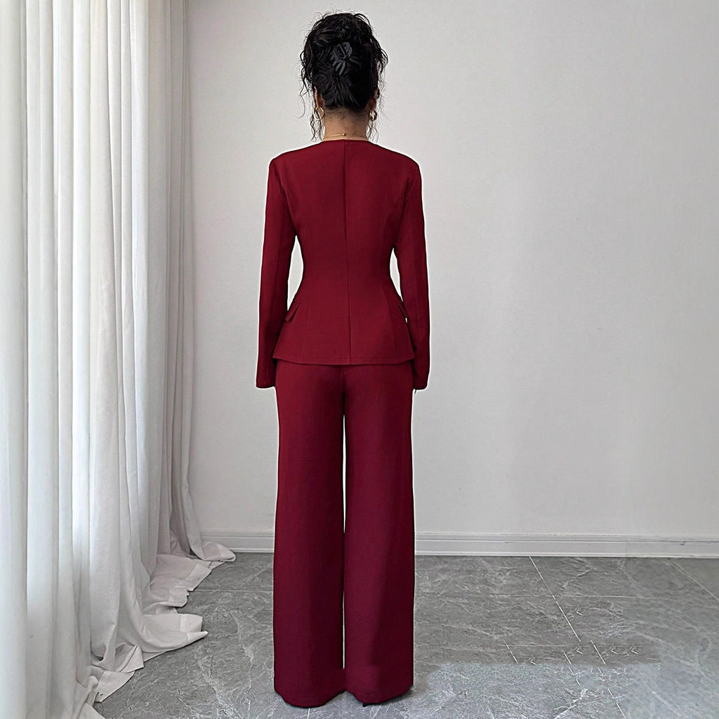 Defined-Waistline Long-Sleeve Top And Wide-Leg Pants Two-Piece Pants S ...