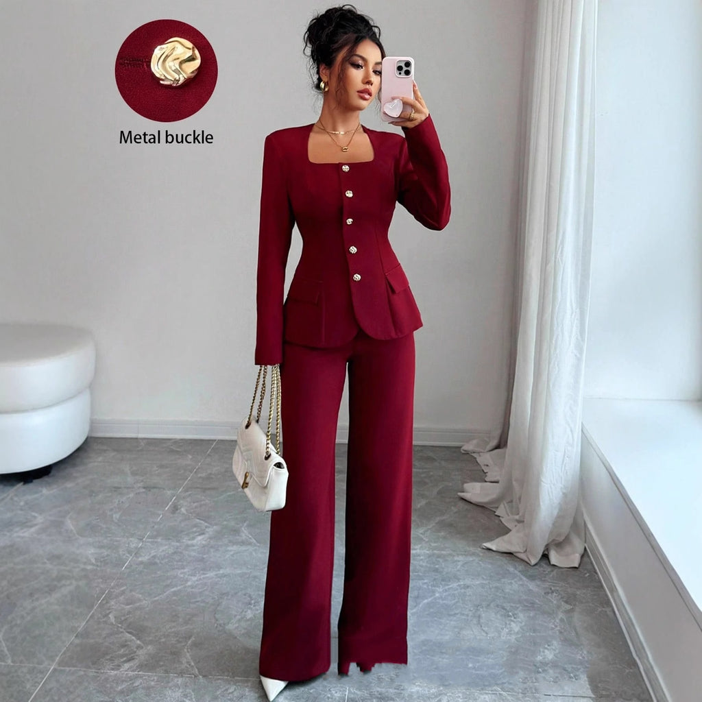 Defined-Waistline Long-Sleeve Top And Wide-Leg Pants Two-Piece Pants S ...