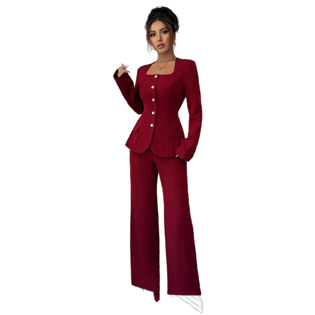 Defined-Waistline Long-Sleeve Top And Wide-Leg Pants Two-Piece Pants S ...