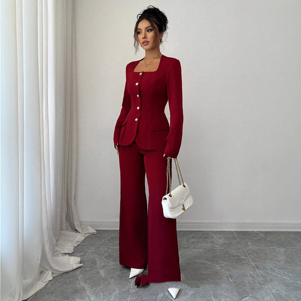 Defined-Waistline Long-Sleeve Top And Wide-Leg Pants Two-Piece Pants S ...